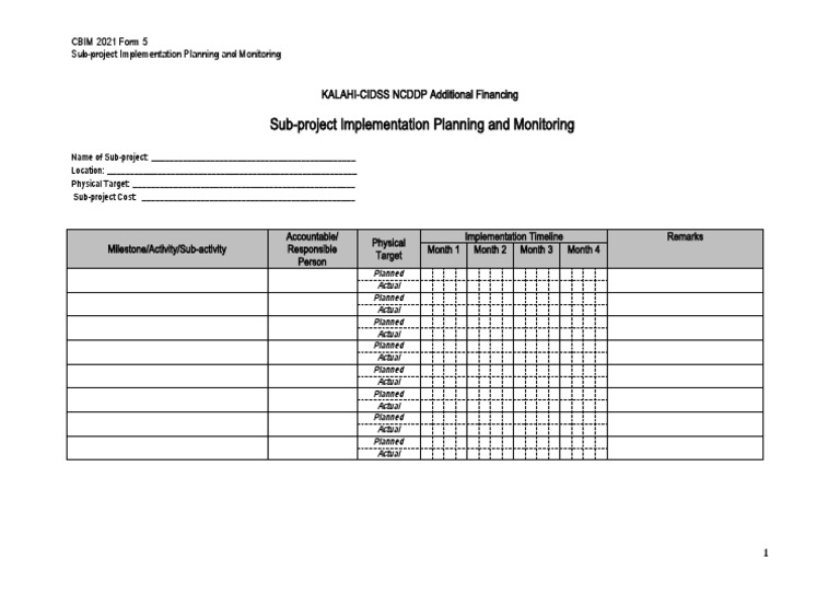 CBIM 2021 Form 5 - Sub-Project Implementation Planning and Monitoring | PDF