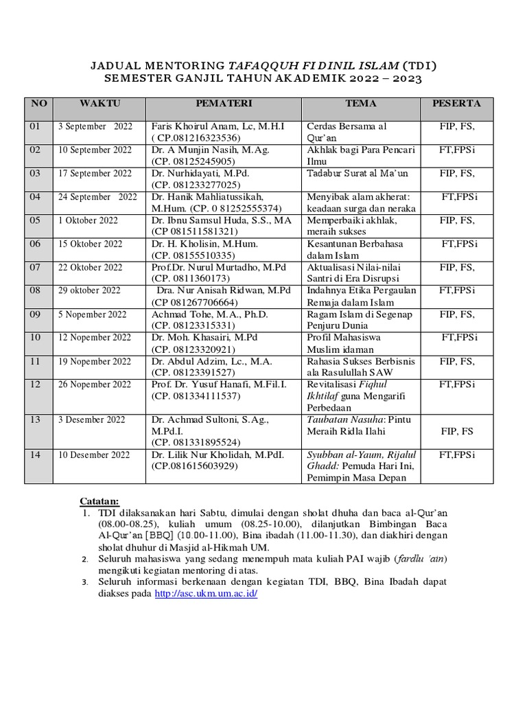 Jadwal Kegiatan Tdi Semester Gasal 2022-2023.. | PDF