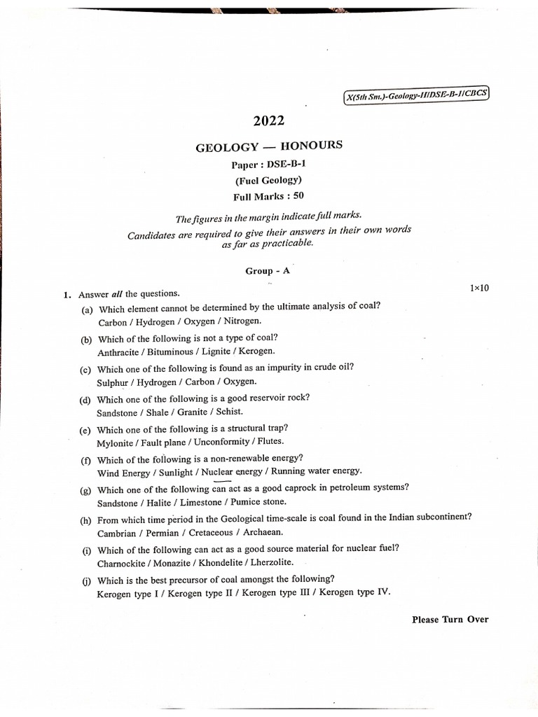 CU B.SC Geology Hons Sem 5, DSE-B-1 Fuel Geology 2022 | PDF