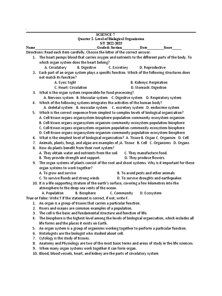 Grade 7 Levels of Biological Organization Quiz | PDF | Biology | Human Body