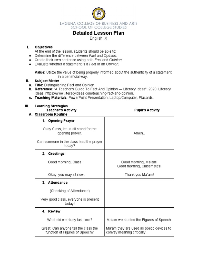 Detailed Lesson Plan Distinguishing Facts and Opinion - Punzalan Erika ...