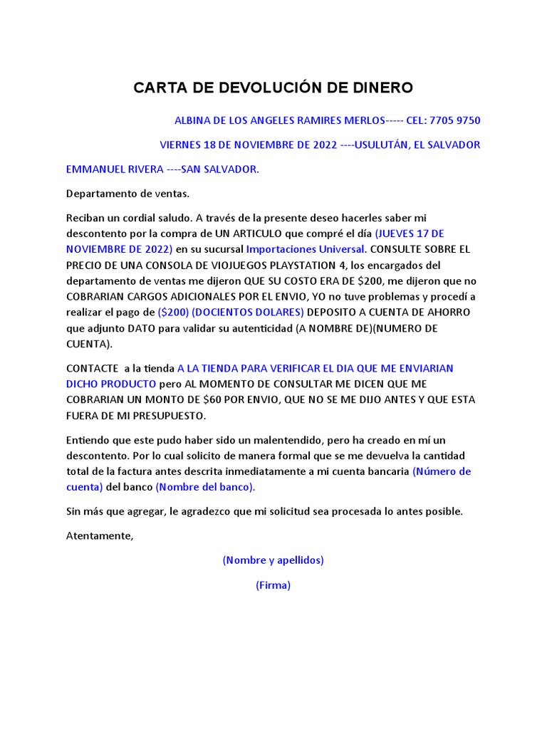 Carta de Devolucion de Dinero | PDF