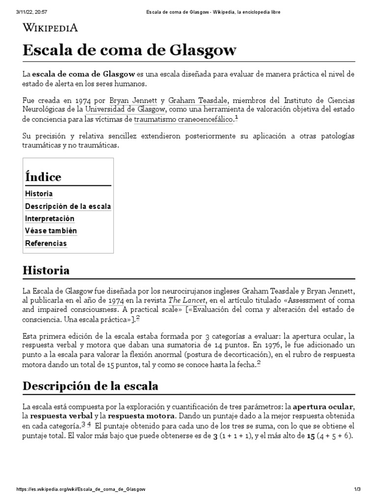 Escala de Coma de Glasgow - Wikipedia | PDF | Especialidades Medicas | Coma