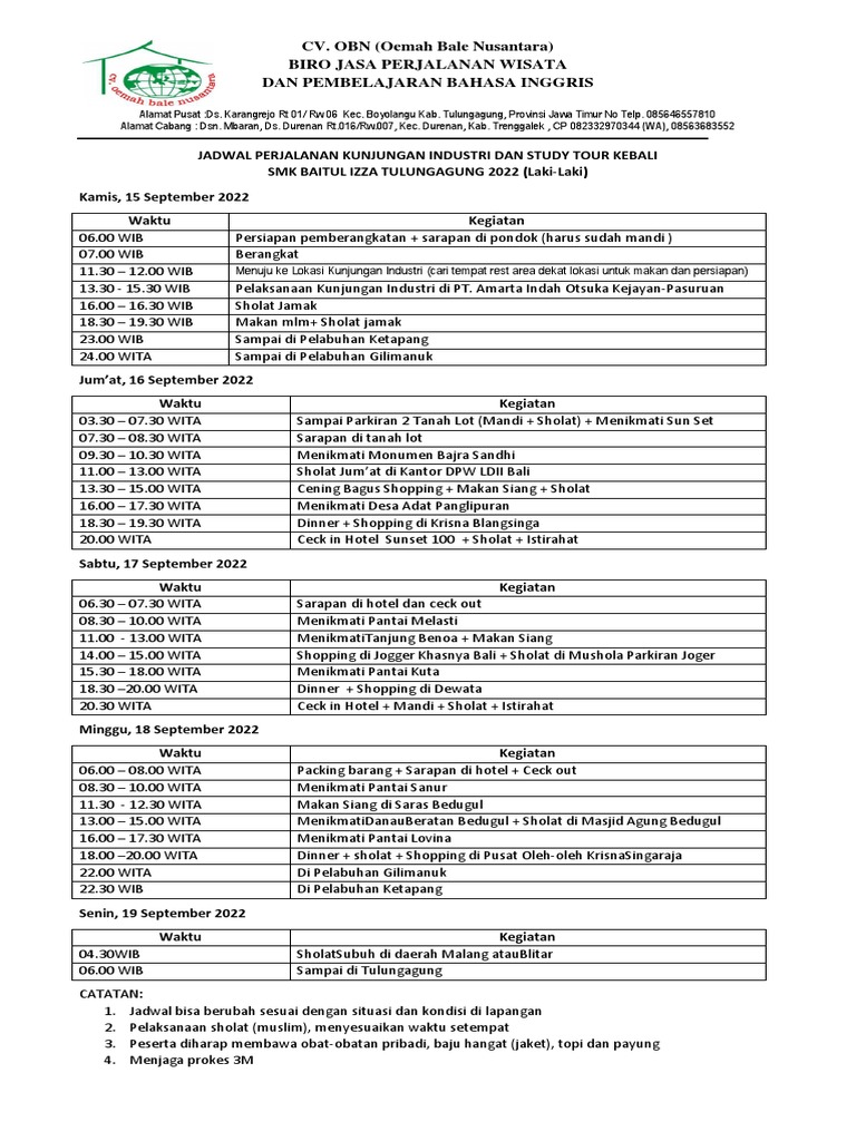 Jadwal Study Tour Bali SMK 2022 | PDF