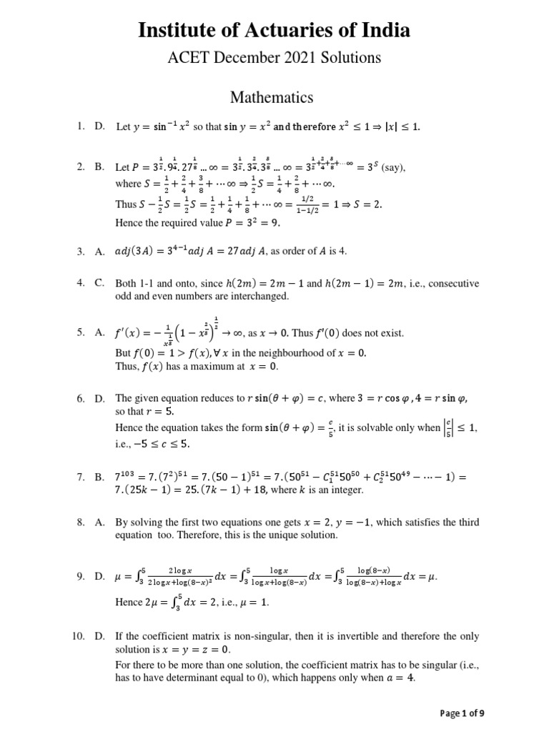 ACET December 2021 - Solution | PDF | Equations | Logarithm