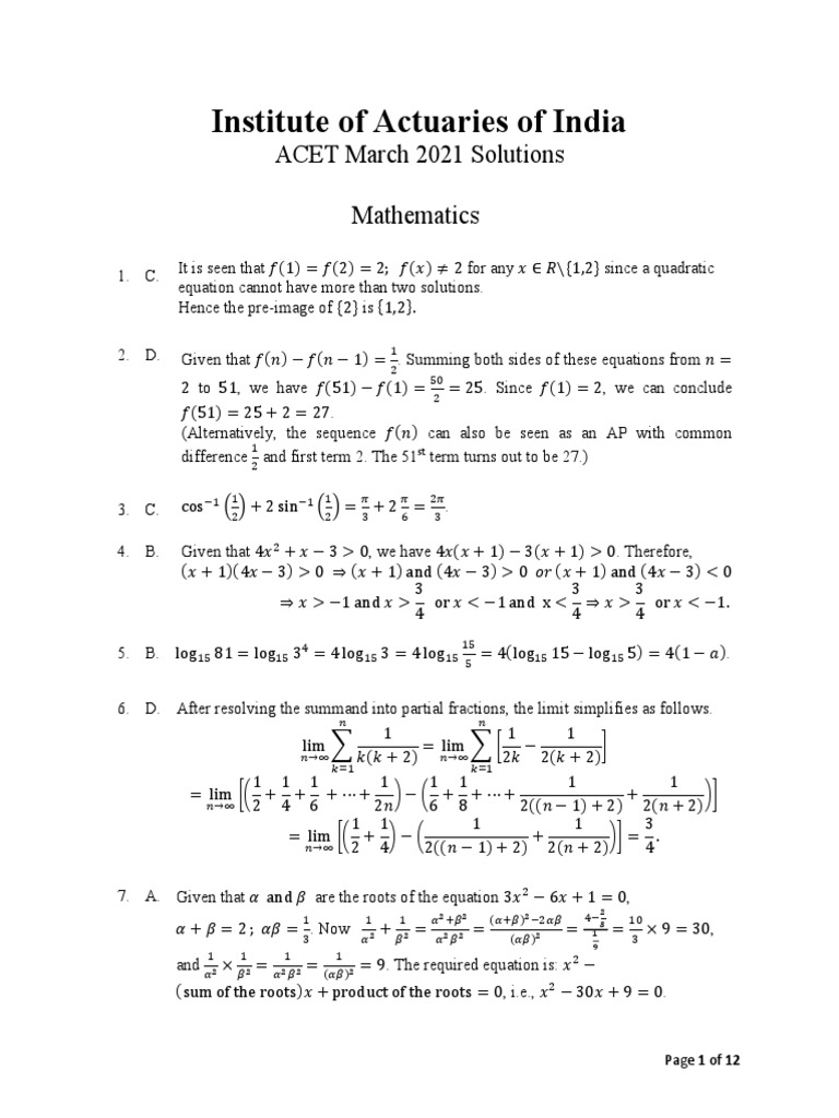 ACET March 2021 - Solution | PDF | Mathematics | Mathematical Analysis