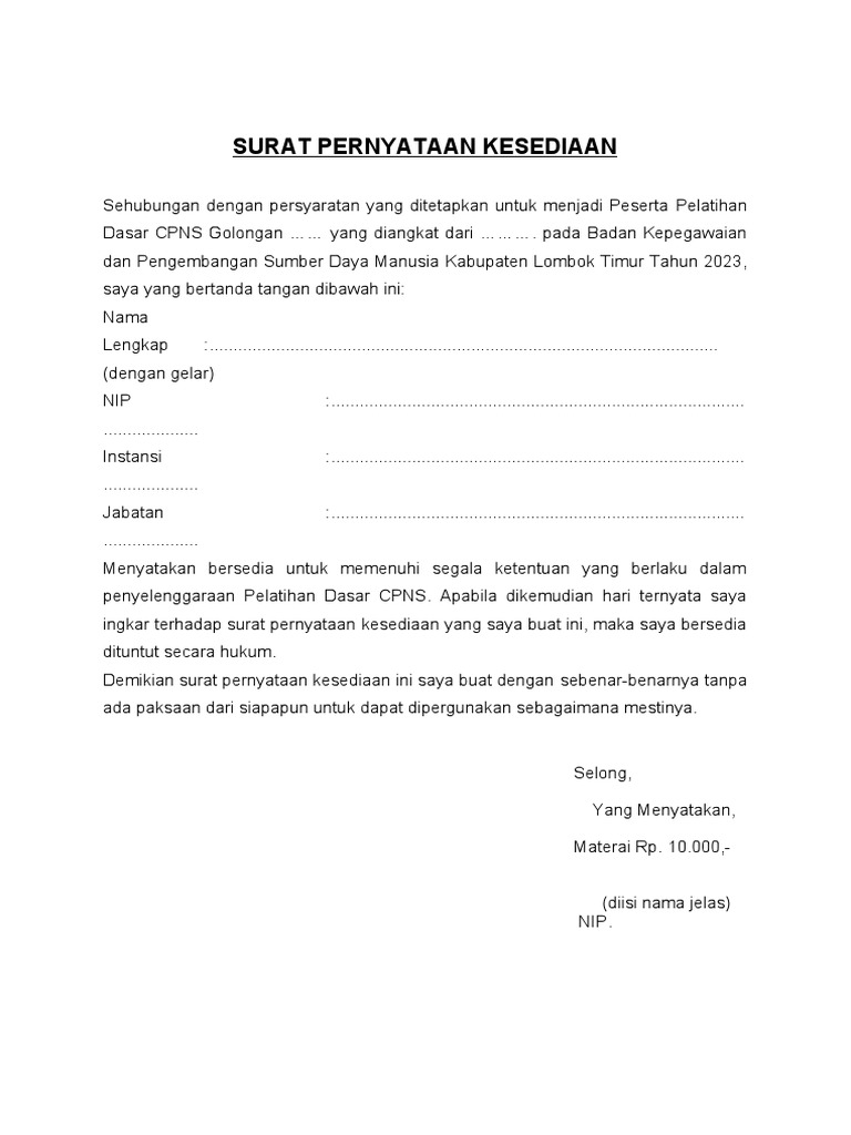 Surat Pernyataan Kesediaan | PDF