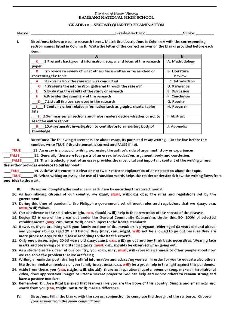 Grade 10 English 2nd Quarter Exam Key | PDF | Essays | Hand Washing