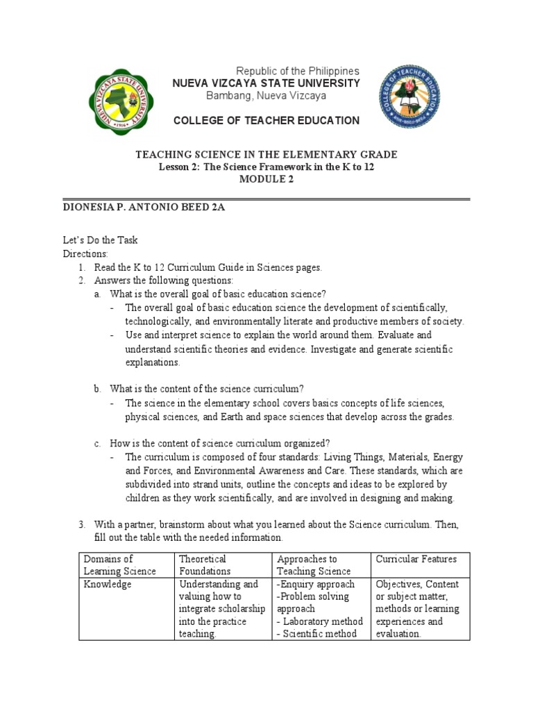 Activity 2 The Science Framework in The K To 12 | PDF | Science ...