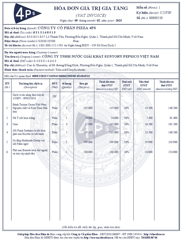Hóa Đơn - Pizza 4Ps | PDF