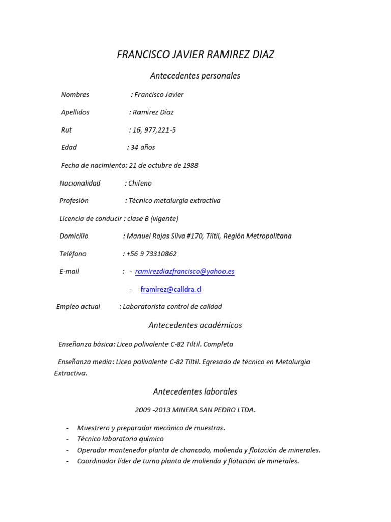 CV Francisco Ramirez +56973310862 | PDF | Metalurgia | Ciencias fisicas CV Francisco Ramirez +56973310862 | PDF | Metalurgia | Ciencias fisicas