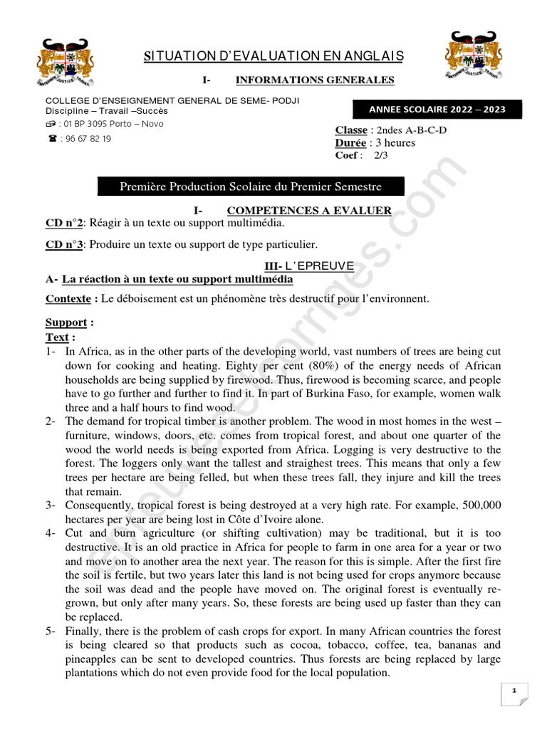 1er Devoir Du 1er Semestre Anglais 2nde Abcd 2022-2023 Ceg de Seme-Podji | PDF | Cash Crop ...