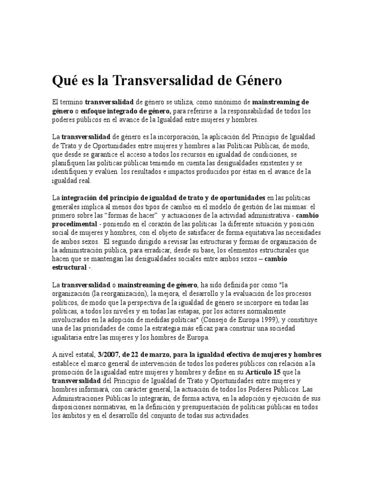 Qué Es La Transversalidad de Género | PDF | Igualdad de género | Estudios de género