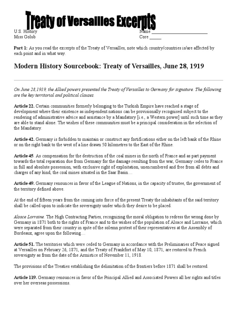 Treaty of Versailles Excerpt Analysis | Download Free PDF | Treaty Of ...