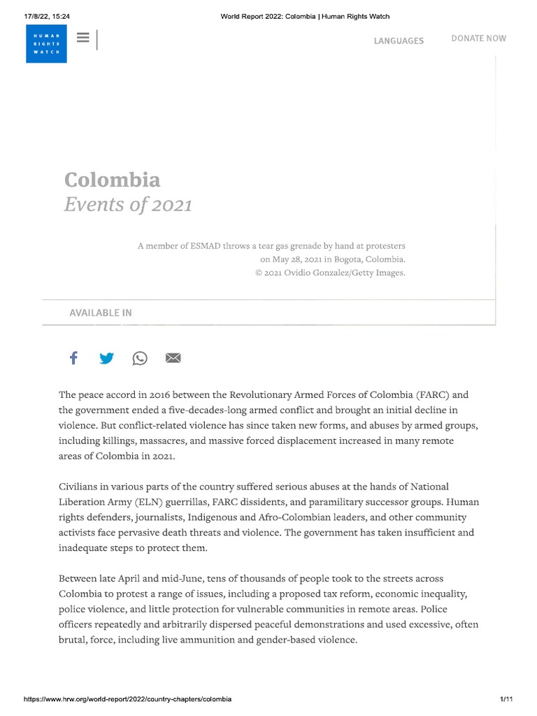 World Report 2022 - Colombia - Human Rights Watch | PDF
