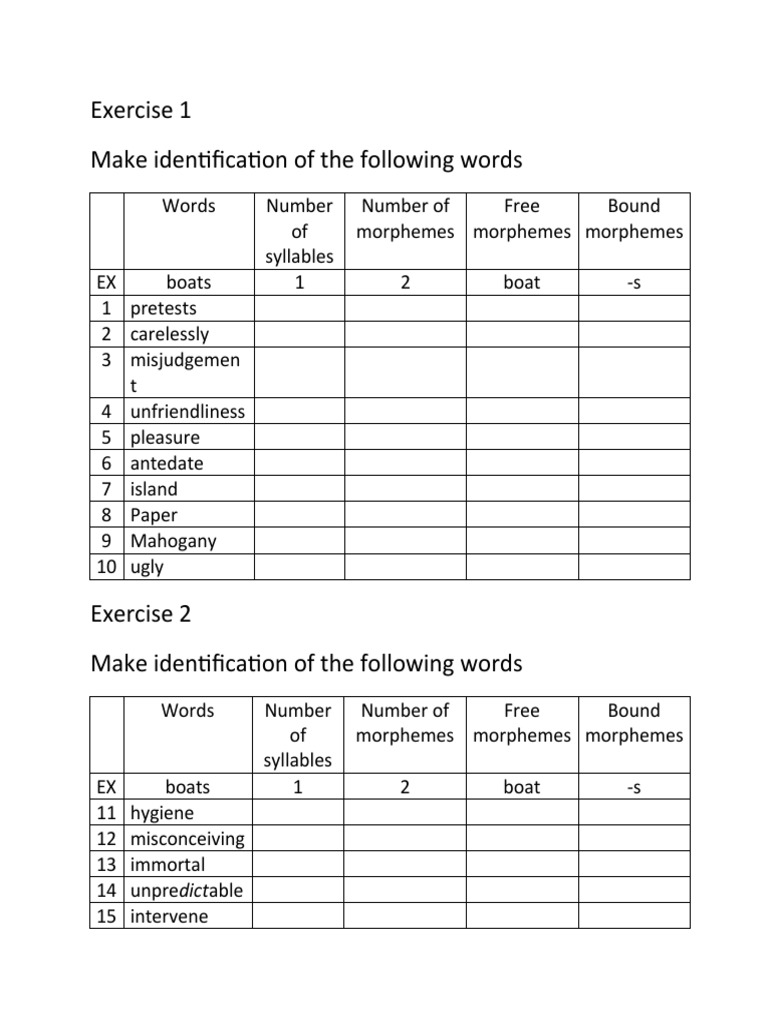 Morphological Analysis Exercises | PDF | Word | Morphology (Linguistics)