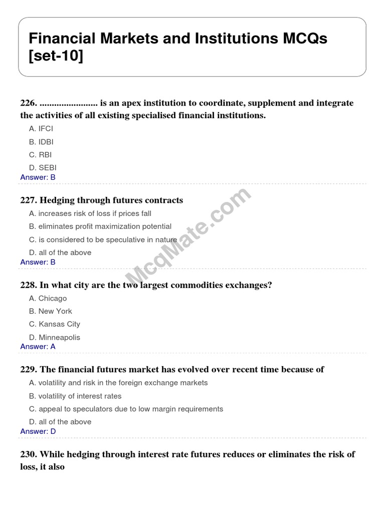 Financial Markets MCQs Set 10 | PDF | Futures Contract | Hedge (Finance)