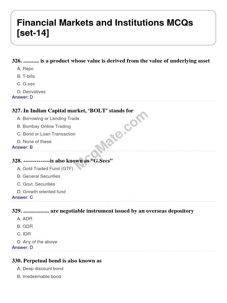 Financial Markets MCQs and Answers | PDF | Securities (Finance) | Bonds ...