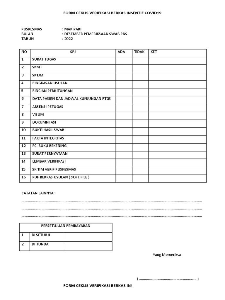 Form Ceklis Verifikasi Berkas Insentif Covid19 | PDF
