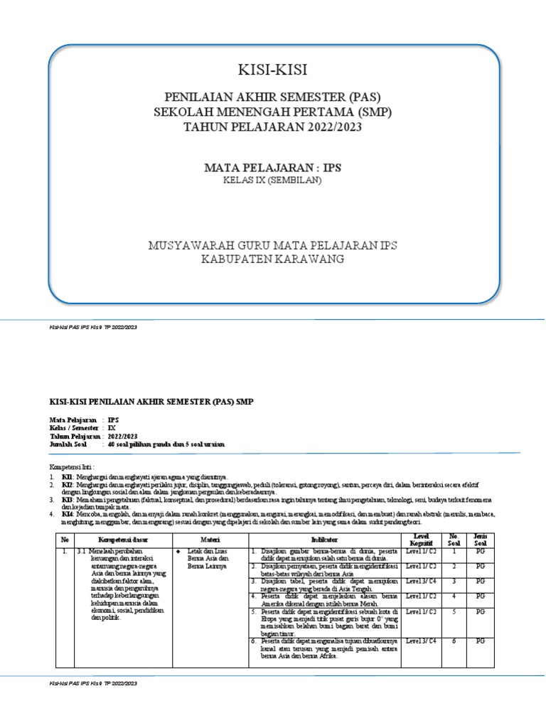 1 Kisi-Kisi PAS IPS Kelas 9 TP 2022-2023 | PDF
