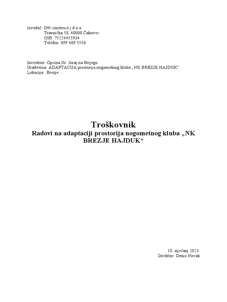 Troskovnik SVJNB | PDF