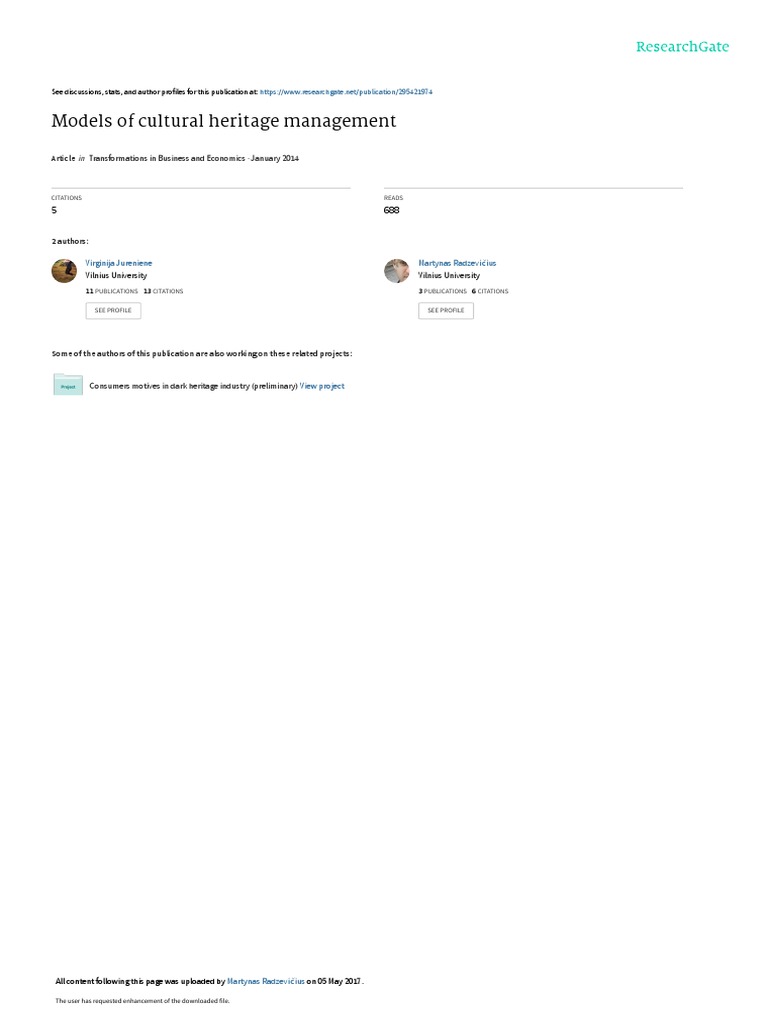 Models of Cultural Heritage Management: Transformations in Business and ...