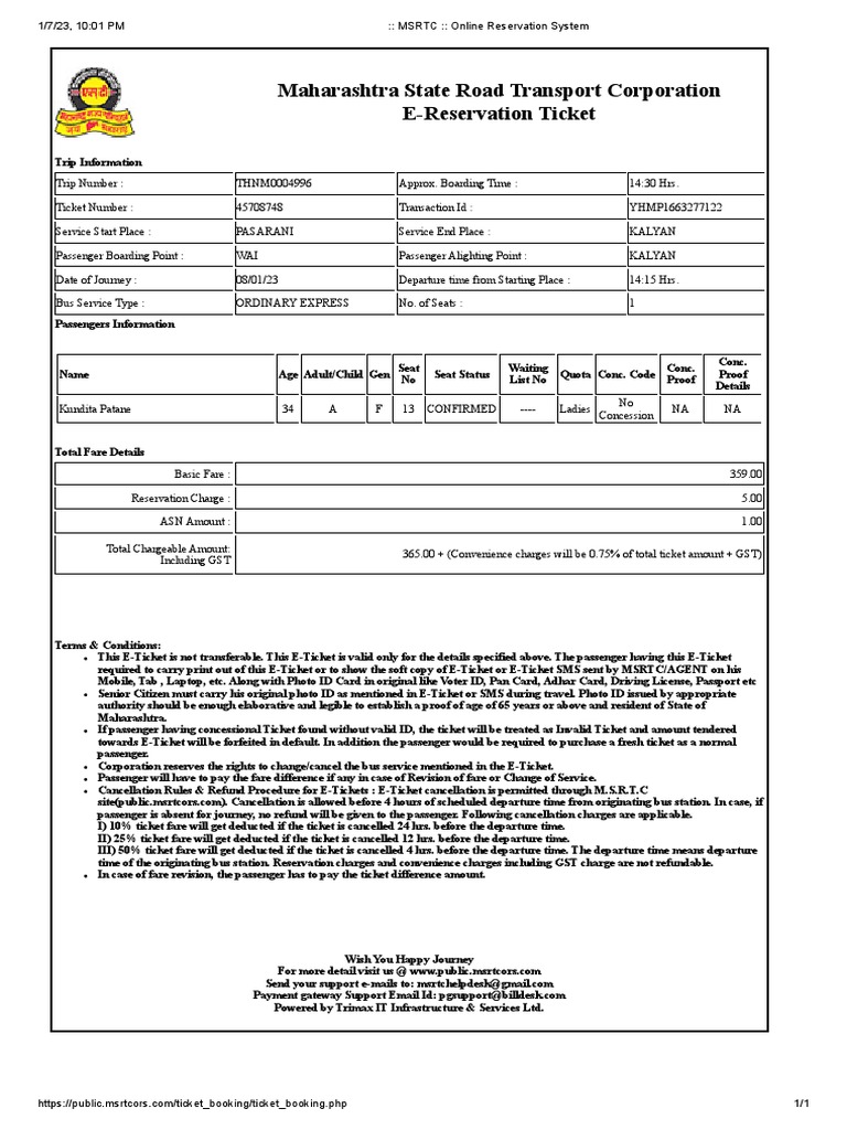 MSRTC - Online Reservation System | PDF