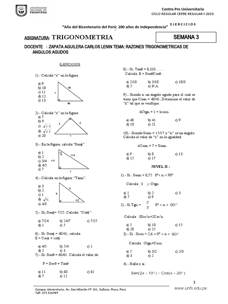 3.trigo Ejercicios Razoneztrigonometricas de Angulos Agudos | PDF | Perú