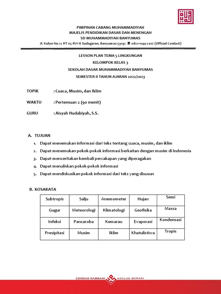Kelas 3 Lesson Plan Sentra Bahasa P4 Tema 1 | PDF