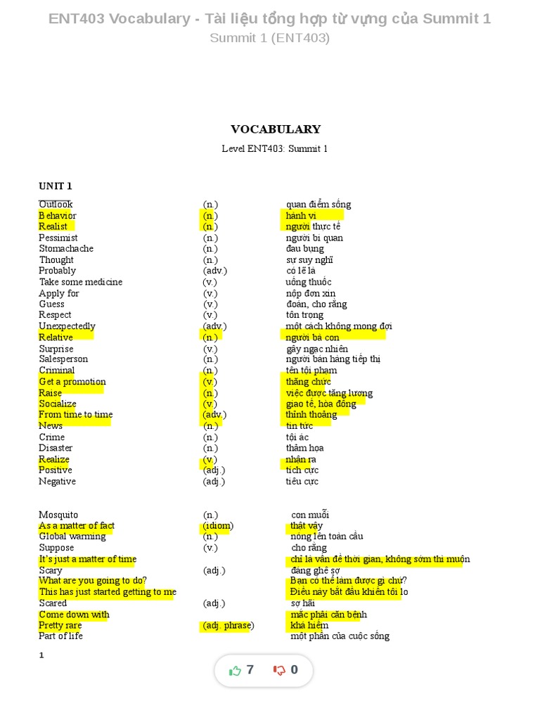 Ent403 Vocabulary Tai Lieu Tong Hop Tu Vung Cua Summit 1 - Compress | PDF