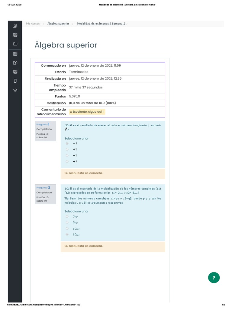 Examen de Álgebra Superior - Semana 2 | PDF | Número complejo | Números