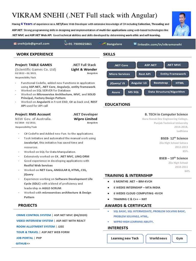 VikramSnehi - Resume - .January 2023 Image | PDF | Angular Js | World Wide Web