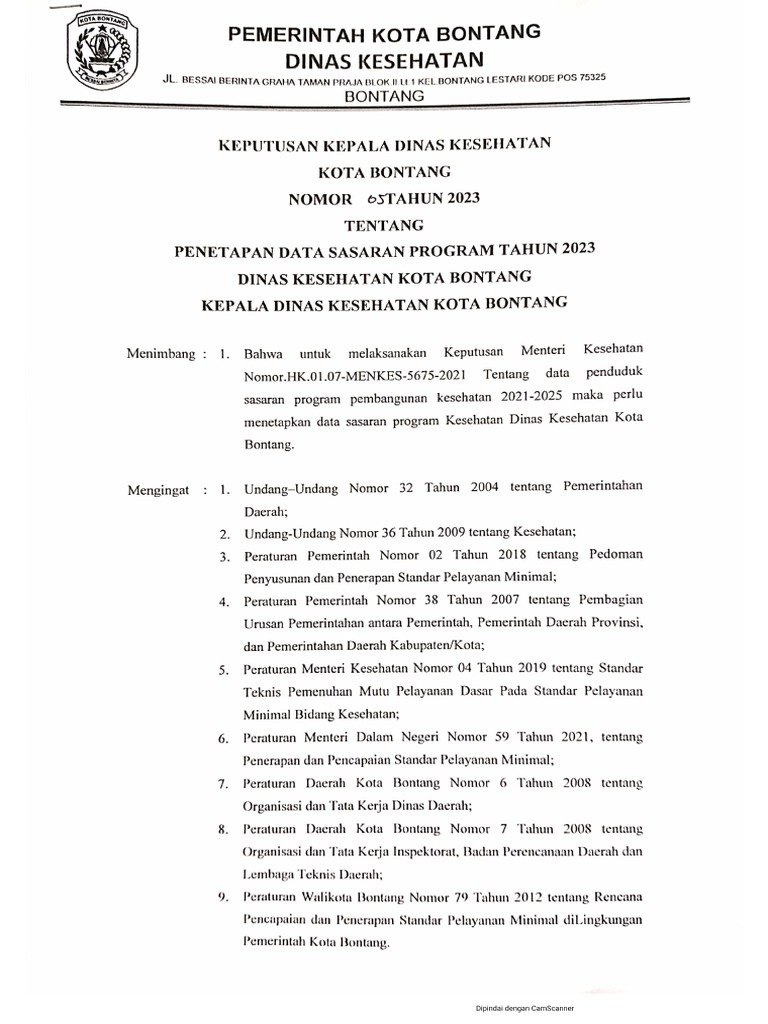 SK Penetapan Data Sasaran Program Dinkes 2023 | PDF