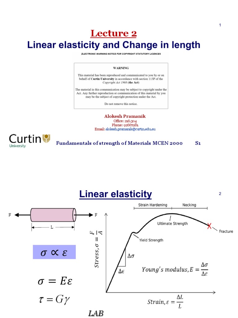 Lecture 2 Linear Elasticity and Change in Length | PDF | Elasticity (Physics) | Young's Modulus