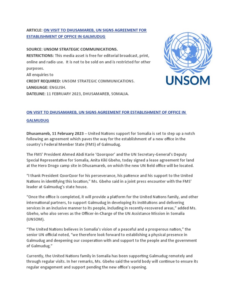 On Visit To Dhusamareb, Un Signs Agreement For Establishment of Office ...