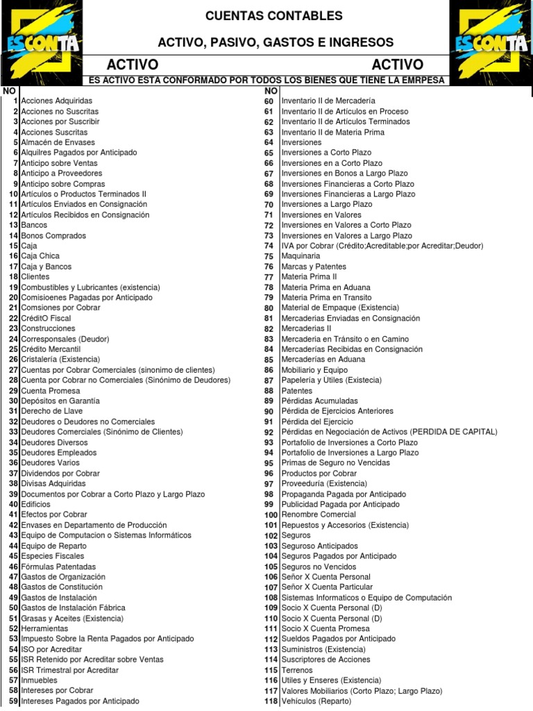 Cuentas de Activo Pasivo Gastos e Ingresos | Descargar gratis PDF | Impuesto sobre la renta ...