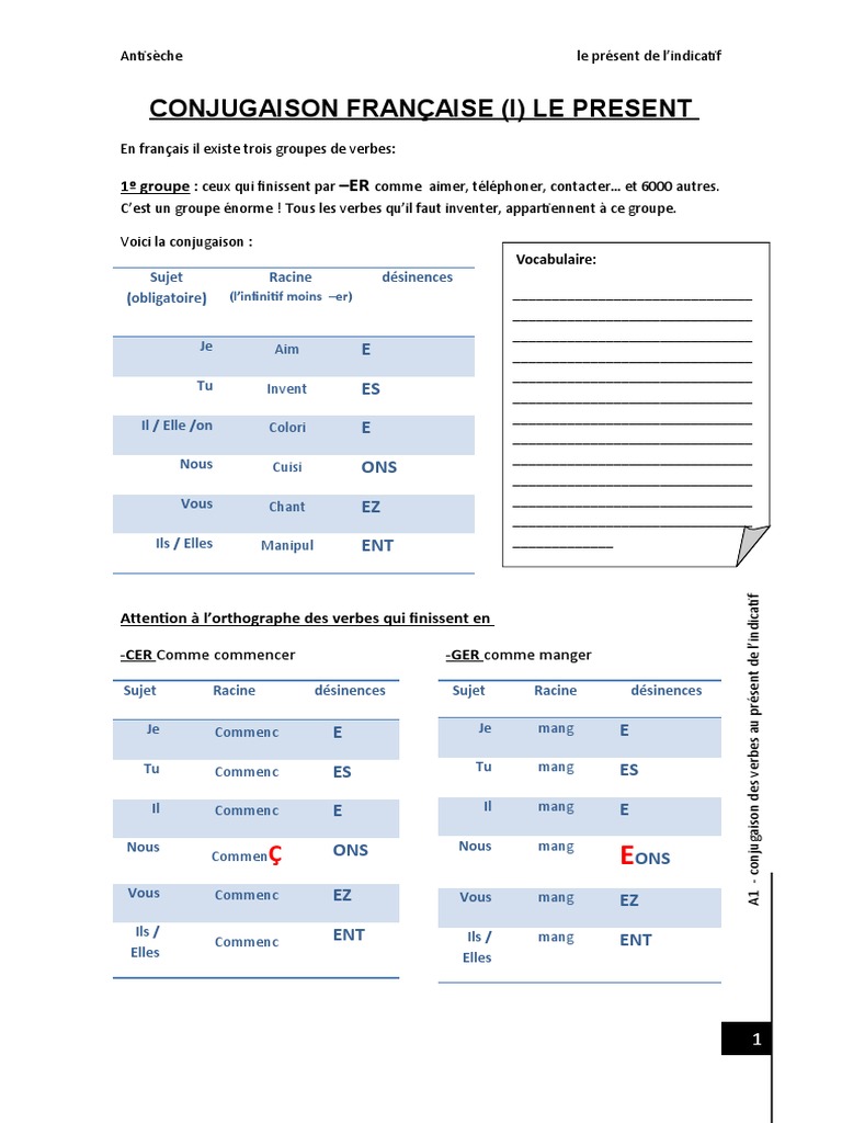 théorie A1 français- le present de l'indicatif | PDF | Linguistique ...