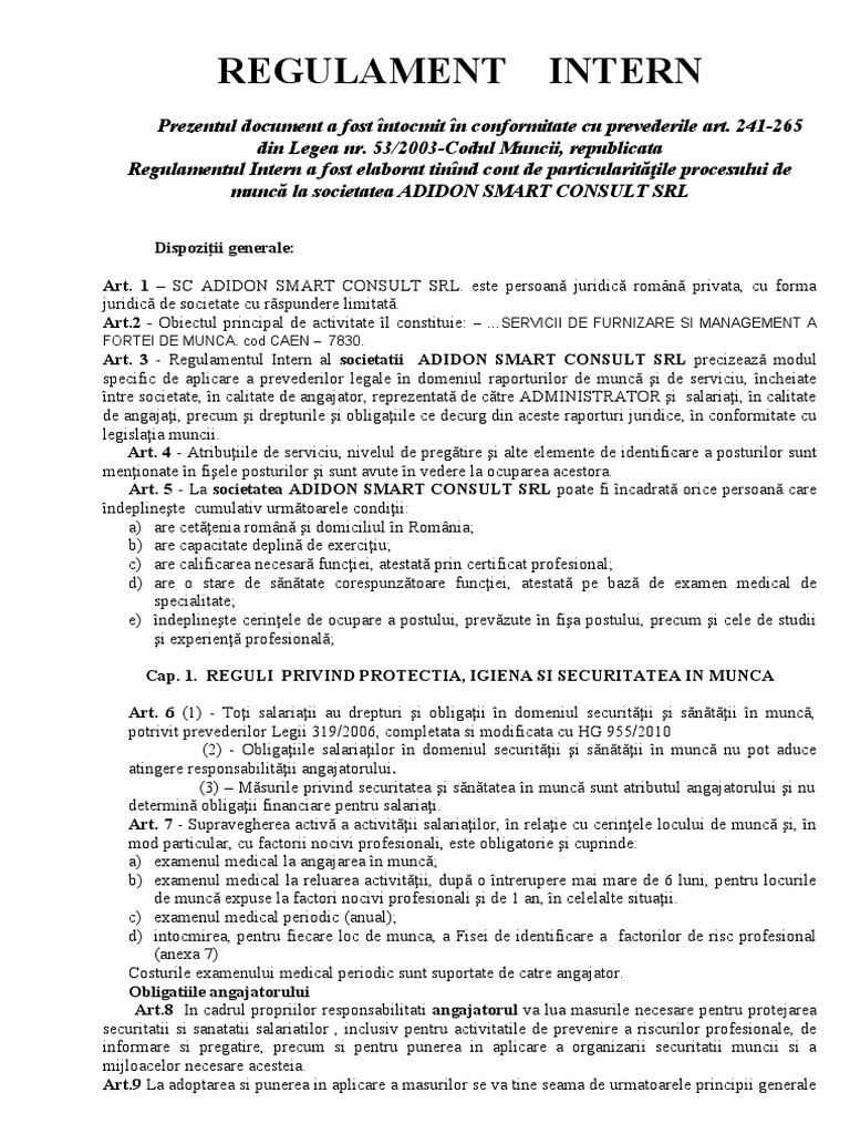 Regulament Intern Actualizat 2022 | PDF