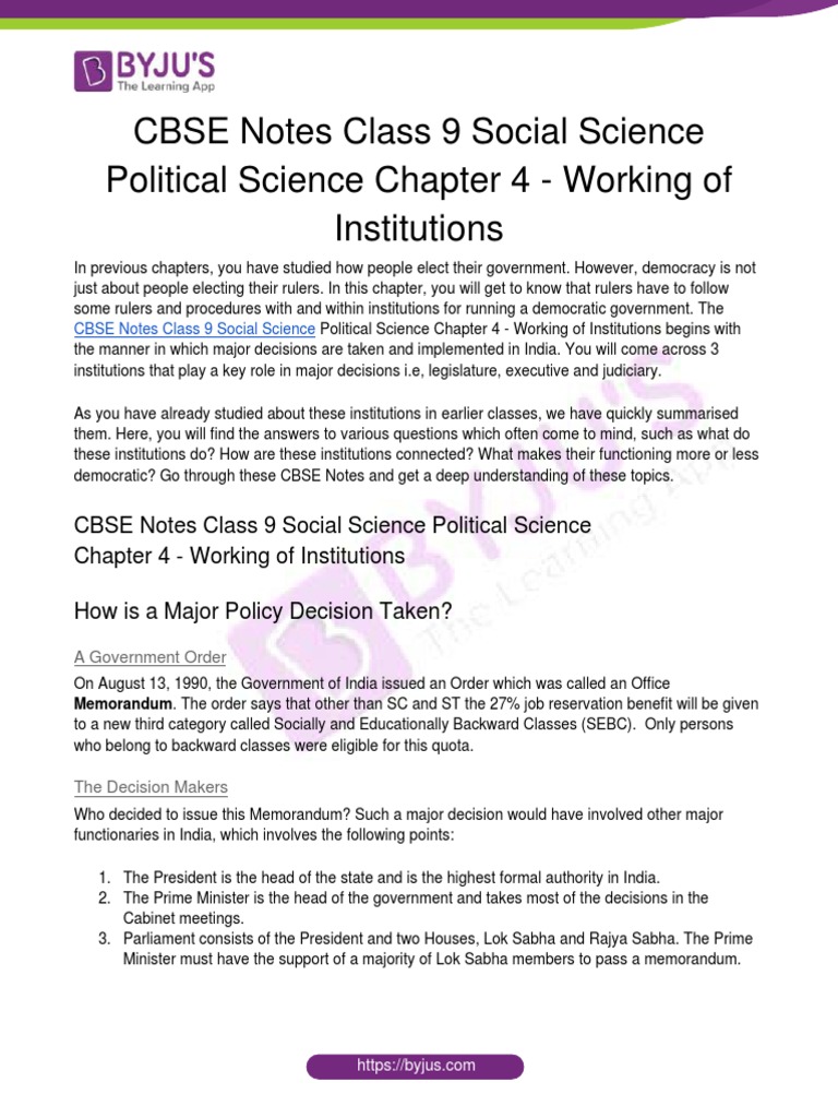 CBSE Notes Class 9 Social Science Political Science Chapter 4 Working ...
