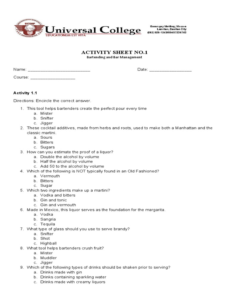Bartending Module Pdf Martini Cocktail Drink