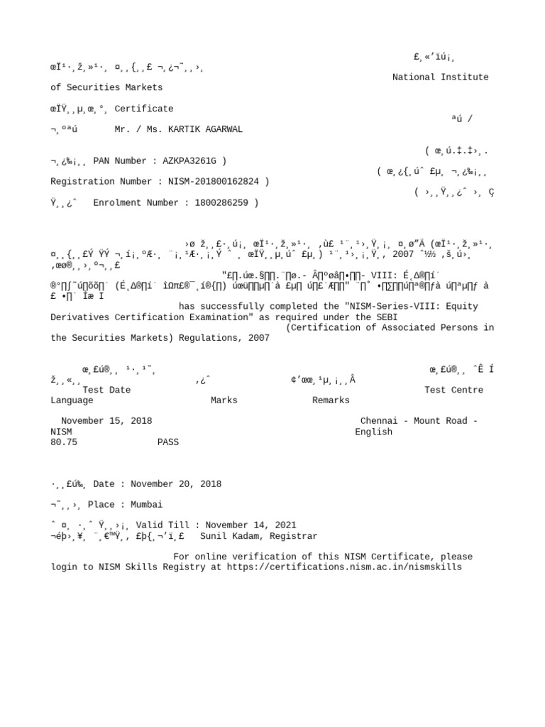 Nism Certificate PDF | PDF
