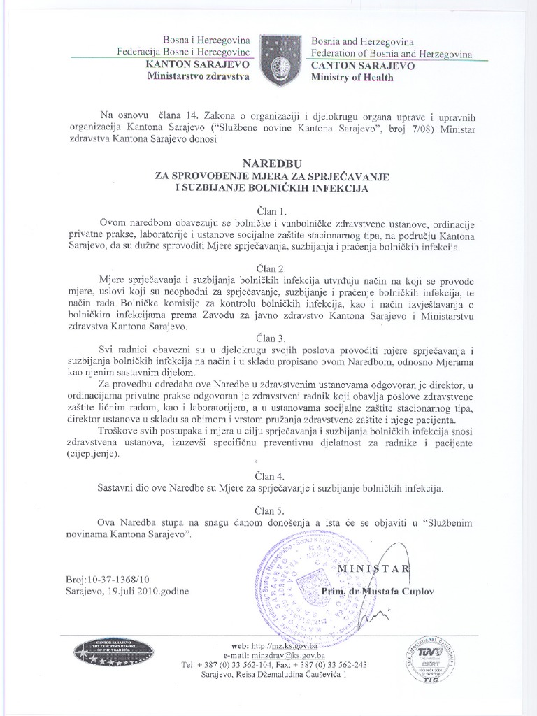 Naredba - Sa Mjerama Za Sprjecavanje I Suz. Bol. Infekcija | PDF