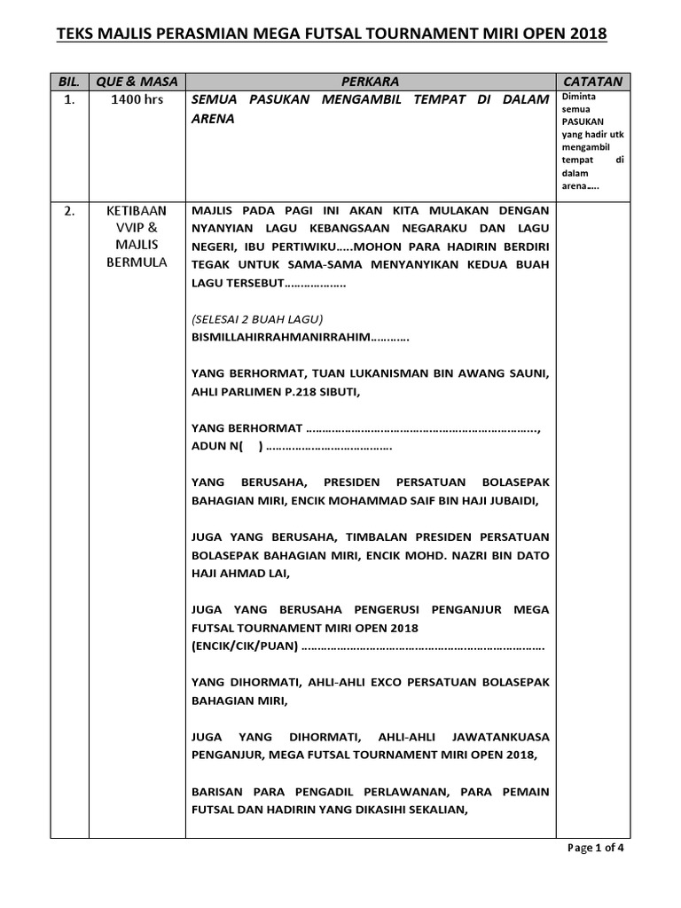 Teks Majlis Perasmian Mega Futsal Tournament Miri Open 2018 | PDF
