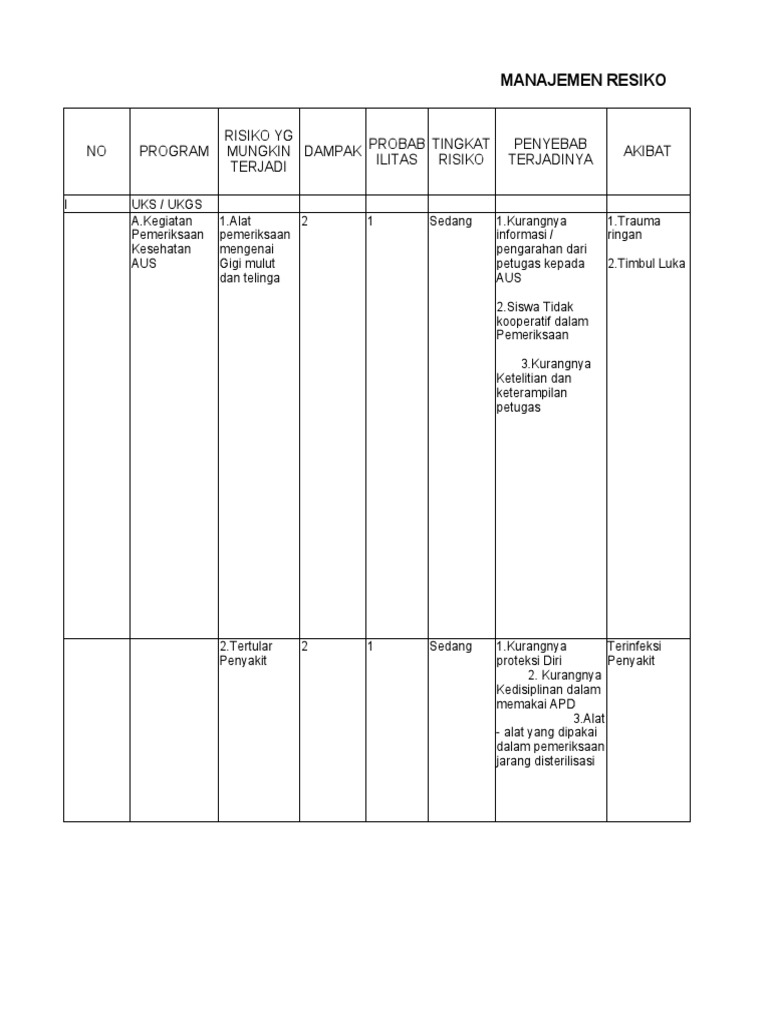 Contoh Identifikasi Resiko Program UKS | PDF