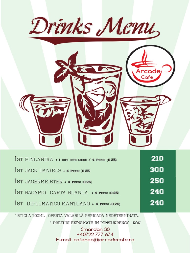 Arcade Cafe Drinks Menu | PDF | Soft Drink | Martini (Cocktail)
