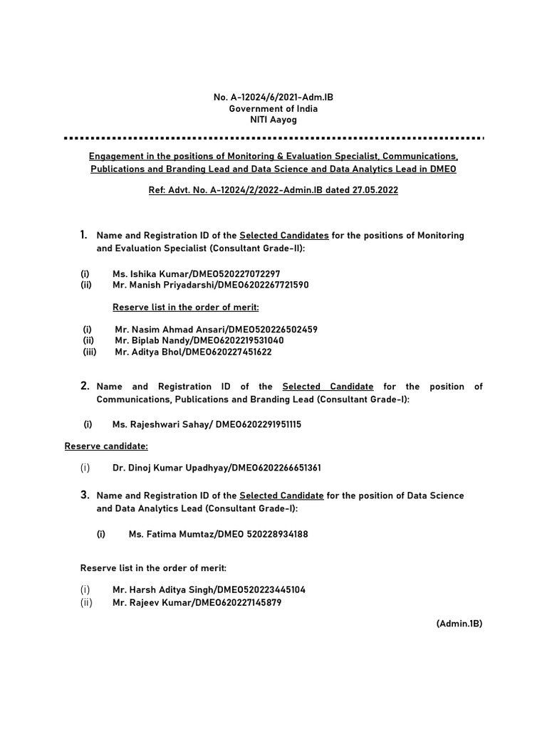 DMEO Consultant Selected Candidates | PDF