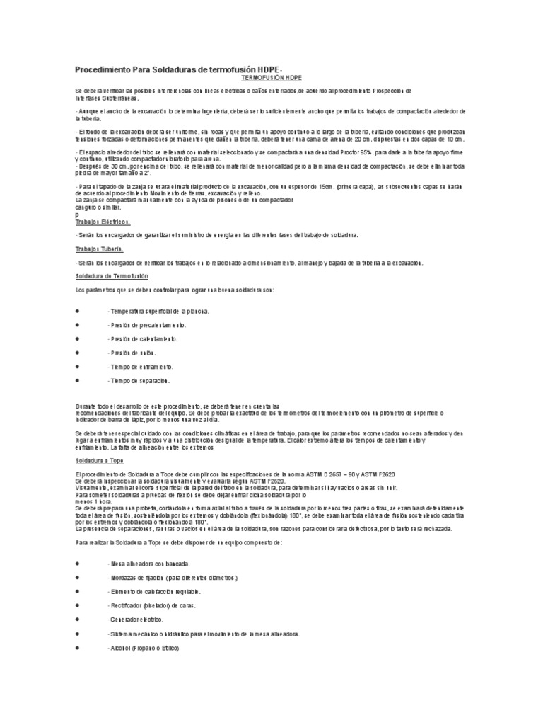 Procedimiento para Soldaduras de Termofusión HDPE | PDF | Soldadura | Construcción
