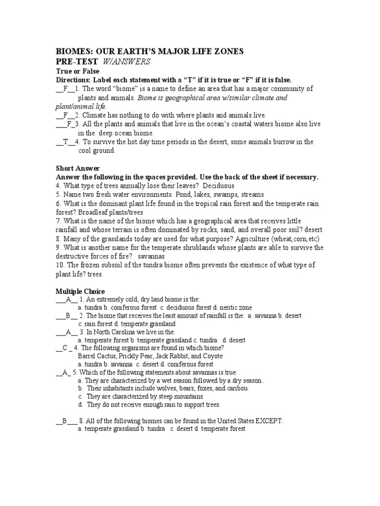 Biomes-Rvw Answers | PDF | Forests | Grassland