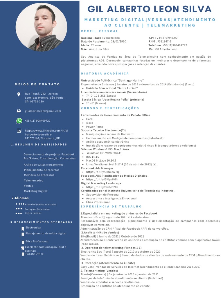 CV Gil Alberto Leon Silva | PDF | Marketing | Facebook