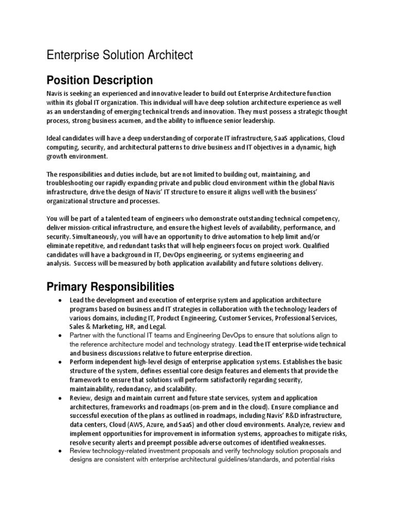 JD NAVIS IT - Enterprise Solution Architect | PDF | Cloud Computing | Enterprise Architecture